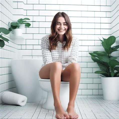 Humorous Bathroom Scene Girl Sitting On Toilet With A Smile