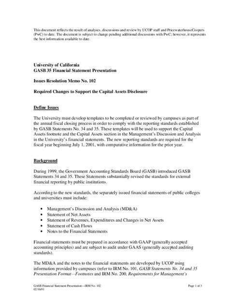 Fillable Online Gasb 35 Financial Statement Presentation Implementation