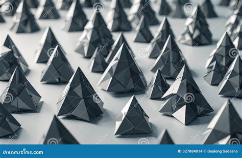Grid Numerous Black Triangular Origami Sculptures Arranged In Visually Striking Pattern Stock