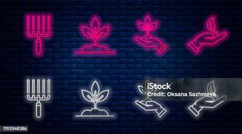 설정 라인 공장 환경 보호의 손에 식물 작업 정원 레이크와 환경 보호의 손에 새싹 벽돌 벽에 빛나는 네온 아이콘입니다 벡터 갈퀴에 대한 스톡 벡터 아트 및 기타 이미지