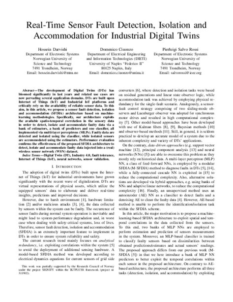 Pdf Real Time Sensor Fault Detection Isolation And Accommodation For Industrial Digital Twins