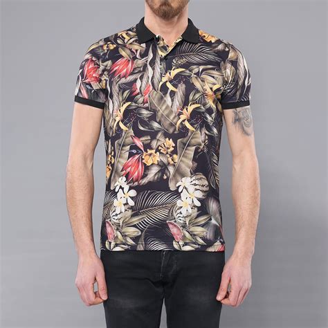 Tropical Floral Printed Polo Shirt Oxford Blue Xl Clearance Tops