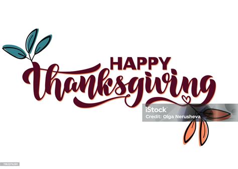 청록색과 오렌지 잎 요소와 함께 행복 한 추수 감사절을 말하는 간단한 미니멀 한 배너 브러쉬 레터링과 두꺼운 샌즈 세리프 의 조합손으로 그린 글꼴 수제 벡터 조성물 추수