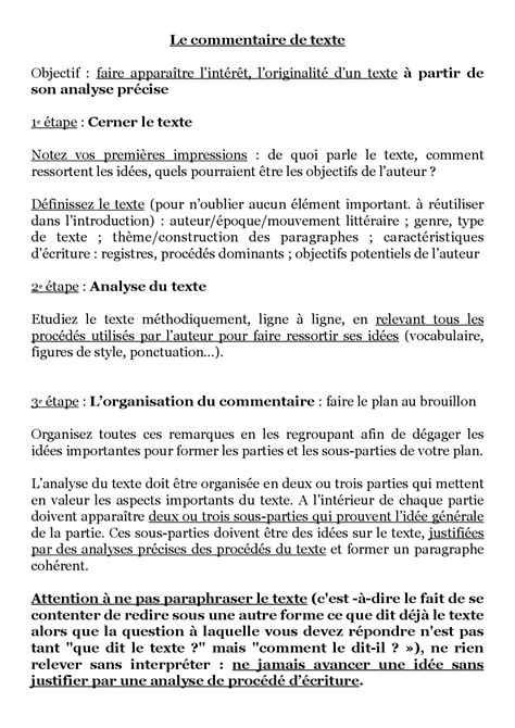 Méthodologie Commentaire De Texte Schémas Français Docsity