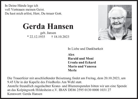 Traueranzeigen Von Gerda Hansen Trauerportal Ihrer Tageszeitung