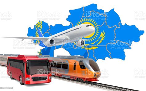 버스 기차와 비행기 개념에 의해 카자흐스탄 여객 수송 흰색 배경에서 격리된 3d 렌더링 3차원 형태에 대한 스톡 사진 및 기타 이미지 Istock