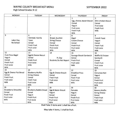 Sample Of School Lunch Menu