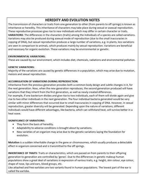 Heredity And Evolution Notes Pdf Dominance Genetics Sex