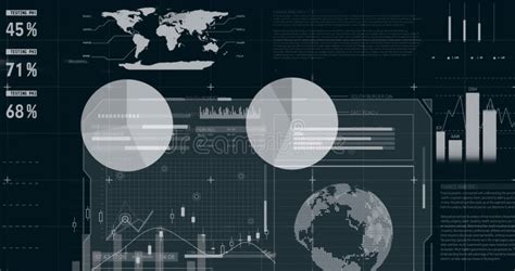animation of infographic interface over multiple graphs globes and loading bars and circles