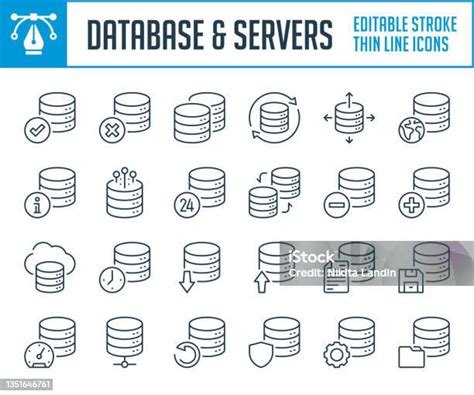 데이터베이스 및 서버 설정 씬 선 아이콘 온라인 저장소 호스팅 및 파일 네트워크 개요 아이콘 집합입니다 편집 가능한 스트로크 아이콘입니다 데이터베이스에 대한 스톡 벡터 아트