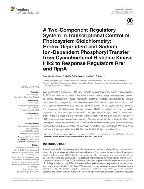 Pdf A Two Component Regulatory System In Transcriptional Control Of Photosystem Stoichiometry