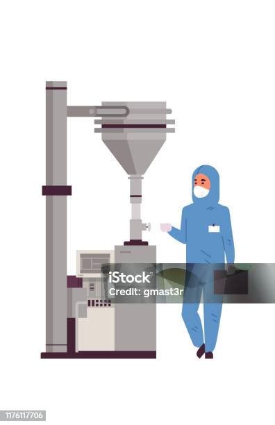 제어판으로 작업하는 남성 과학자는 보호 복 제약 품목 생산 개념 수직 전체 길이에 특수 기계 남자에 시작 버튼을 누르면 가공의 인물에 대한 스톡 벡터 아트 및 기타 이미지