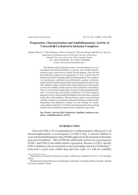 Pdf Preparation Characterization And Antiinflammatory Activity Of Celecoxib β Cyclodextrin