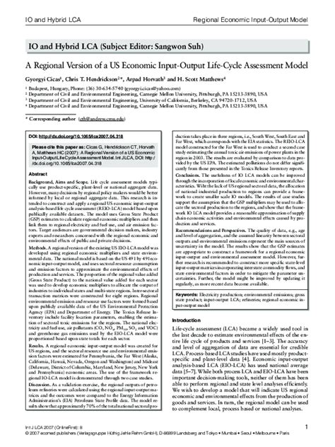 Pdf A Regional Version Of A Us Economic Input Output Life Cycle Assessment Model