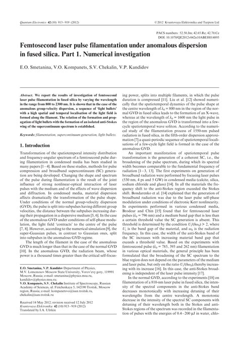 Pdf Femtosecond Laser Pulse Filamentation Under Anomalous Dispersion In Fused Silica Part 1