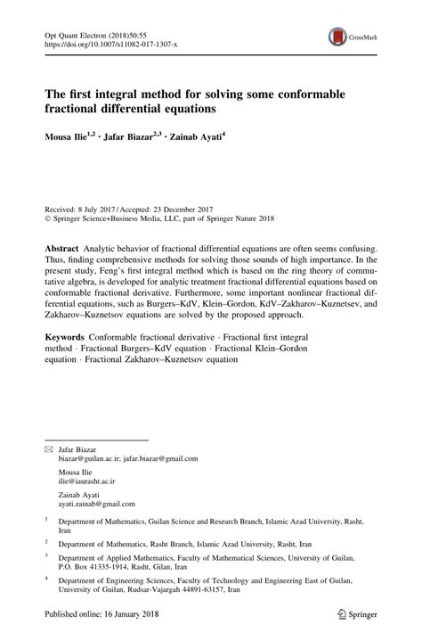 Pdf The First Integral Method For Solving Some Conformable Fractional
