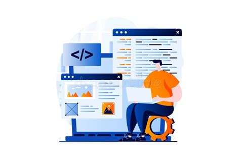 Web Development Concept With People Scene In Flat Cartoon Design Stock