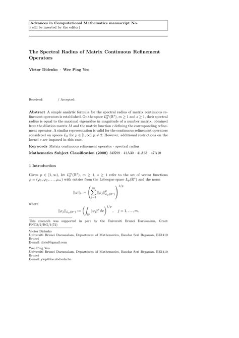 Pdf The Spectral Radius Of Matrix Continuous Refinement Operators