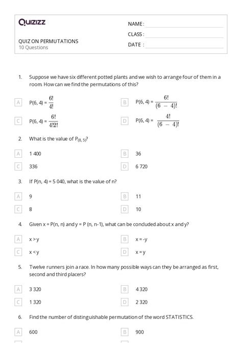 50 Permutations Worksheets For 10th Class On Quizizz Free And Printable
