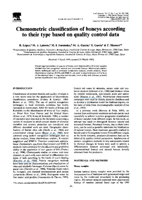 Pdf Chemometric Classification Of Honeys According To Their Type Ii Metal Content Data