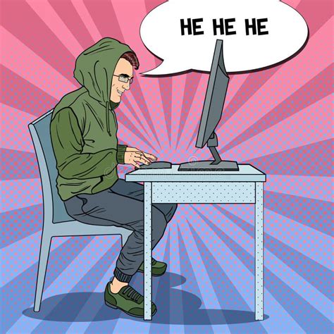 Hacker Hooded Man Stealing Data From Computer Cyber Attack Pop Art Retro Illustration Stock