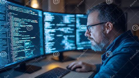 Software Developer Coding At Multi Monitor Workstation Stock Illustration Illustration Of