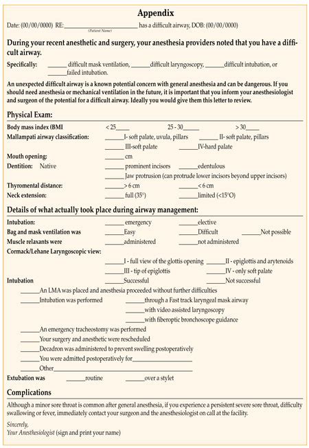 No More Difficult Airway Again Time For Consistent Standardized Written Patient Notification