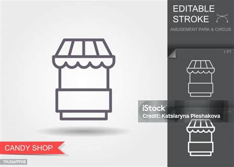 식품 키오스크 편집 가능한 스트로크가 있는 윤곽선 아이콘입니다 그림자가 있는 선형 기호 거리에 대한 스톡 벡터 아트 및 기타