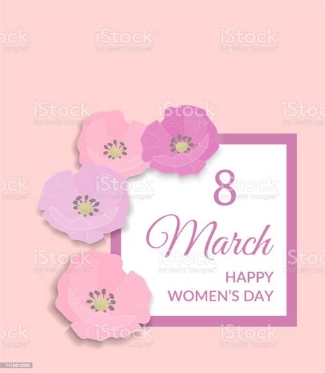 8 행진 해피 국제 여자의 날 인사말 카드 디자인 핑크와 라일락 야생 브리 어 장미 꽃과 흰색 프레임과 파스텔 복숭아 색상 배경에 분홍색 텍스트 벡터 Eps10 일러스트 0