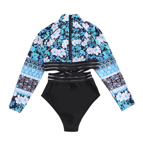Wreesh Womens One Piece Swimsuit Rash Guard Swim Suits Long Sleeve With Chest Pad Without