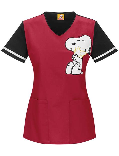 Tooniforms Hug Me Snoopy Black V Neck Print Scrub Top V Neck Tops Tops Women