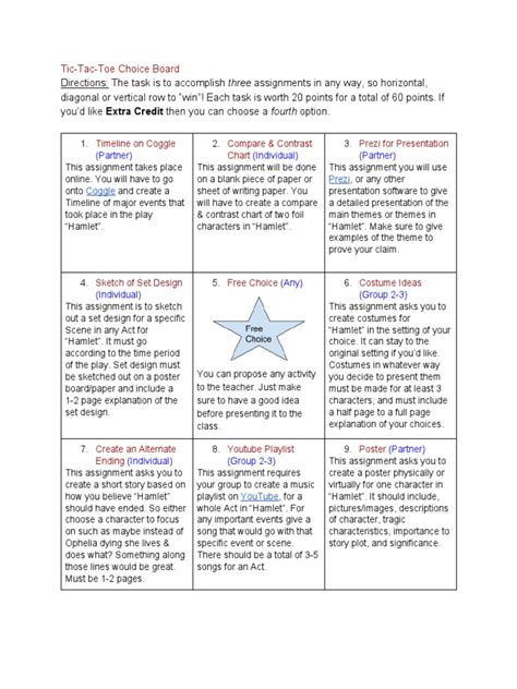 Choice Board Assignment Pdf Hamlet