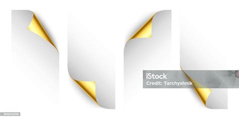 황금 종이 컬 세트입니다 그림자가 있는 구부러진 페이지 모서리입니다 빈 종이입니다 화려한 반짝이는 호일 광고 및 판촉을 위한 디자인 요소 벡터 그림입니다 가장자리에 대한