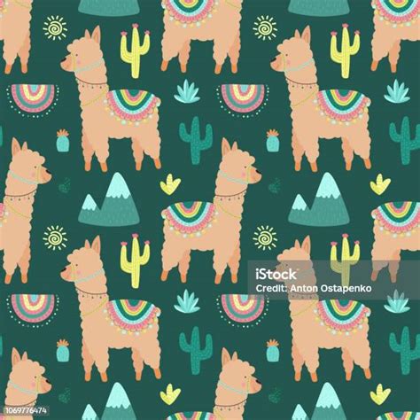 베이지색 라마 또는 Alpacas 산 선인장의 완벽 한 패턴 녹색 배경에 태양 아이 들 실 직물 옷 카드 포장지에 대 한 이미지 손으로 그린 그림입니다 0명에 대한 스톡