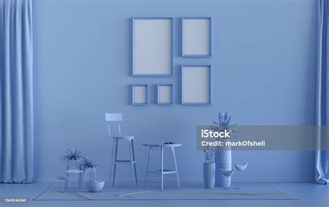 가구와 식물이있는 단일 색상 흑백 라이트 블루 컬러 인테리어 룸 벽에 5 개의 포스터 프레임 3d 렌더링 0명에 대한 스톡 사진 및 기타 이미지 Istock