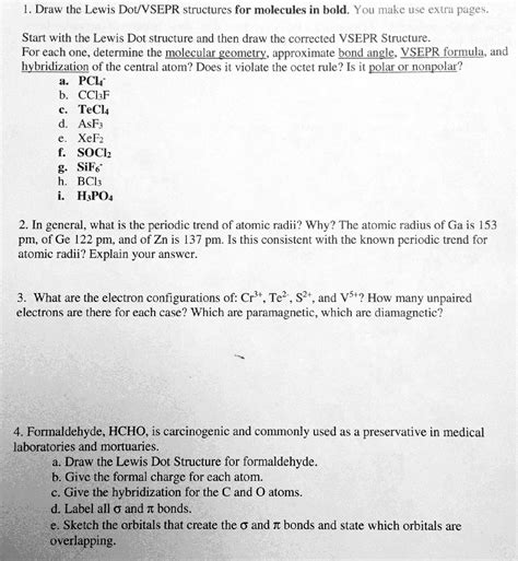 Solved Draw The Lewis Dot Vsepr Structures For Molecules In Bold You May Use Extra Pages