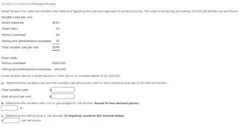 Solved Variable Cost Method Of Product Pricing Smart Stream Chegg
