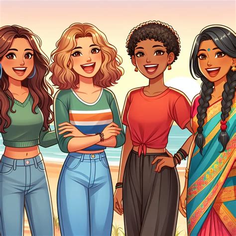 Four Girl Friends Having Fun At Sunset Beach Ai Art Generator Easy