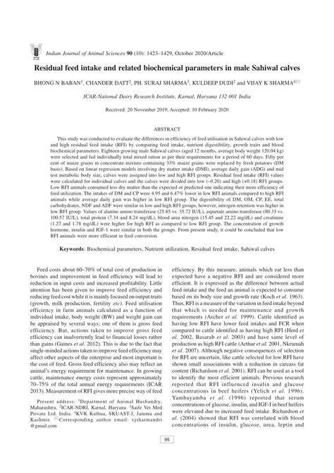 Pdf Residual Feed Intake And Related Biochemical Parameters In Male Sahiwal Calves