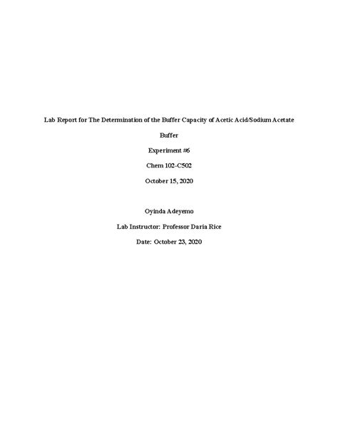 Lab Report For The Determination Of The Buffer Capacity Of Acetic Acid Procedure Prepare 100