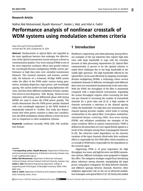 Pdf Performance Analysis Of Nonlinear Crosstalk Of Wdm Systems Using Modulation Schemes Criteria