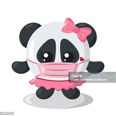 그림자가있는 평면 디자인의 둥근 몸과 보호 의료 얼굴 마스크를 가진 재미있는 귀여운 카와이 팬더 소녀 0명에 대한 스톡 벡터 아트 및 기타 이미지 Istock