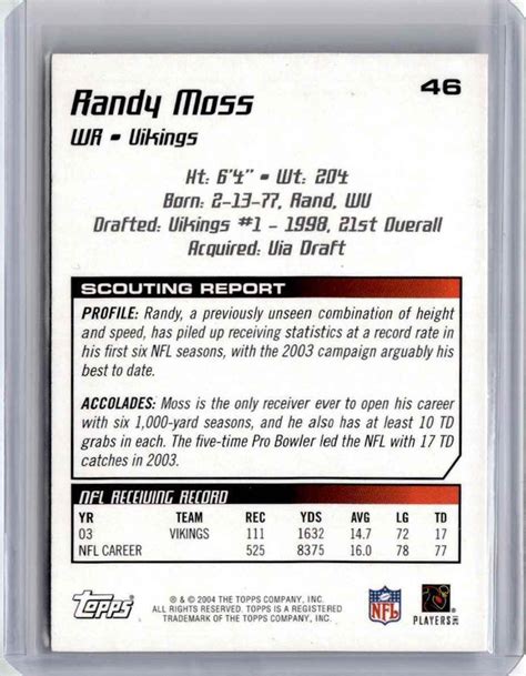 2004 Topps Draft Picks And Prospects Randy Moss Football Card Minnesota