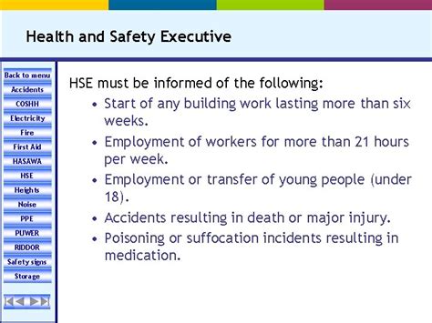 Back To Menu Accidents COSHH Electricity Fire First