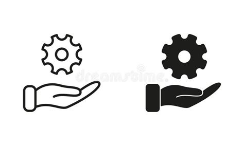 Hand Holding Gear Line And Silhouette Black Icon Set Technology Support Cog Wheel Pictogram