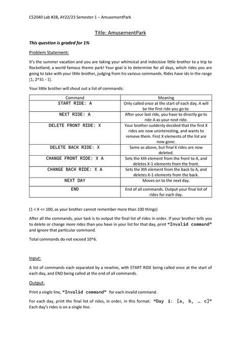 Amusement Park Lab CS2040 Lab 2B AY22 23 Semester 1