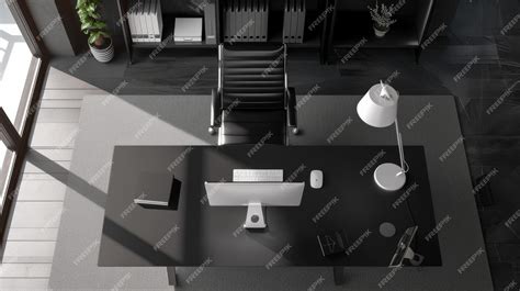 A Topdown View Of A Modern Office With A Black Ergonomic Chair Minimalist Black Desk And