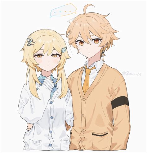 Lumine And Aether Genshin Impact Drawn By Q Oshikuraq Danbooru