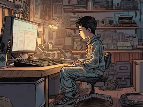 Genius Little Boy As A Hacker Is Coding And Programming On Computer