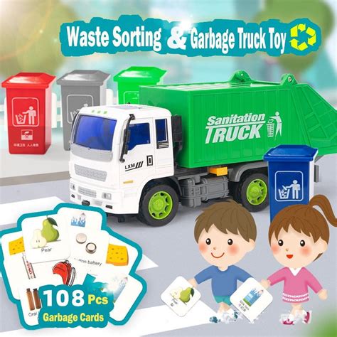 Trarind Toys Garbage Truck Toy With 4 Rear Loader Trash Cans And